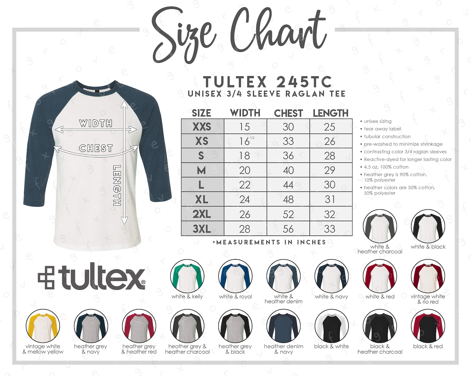 Tultex 245TC Size Color Chart 17 COLORS Tultex Unisex | Etsy