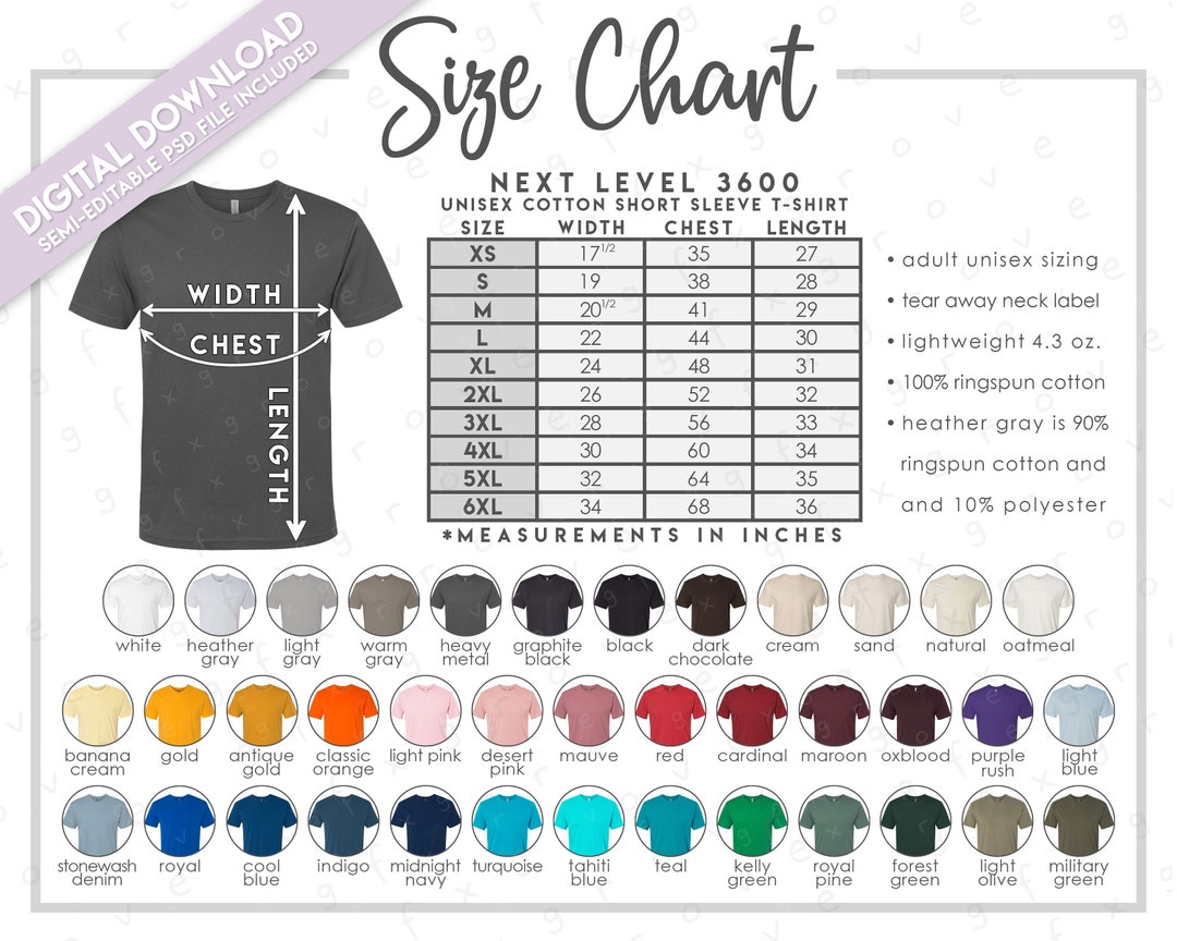 Semi-editable Next Level 3600 Size + Color Chart • Next Level Unisex ...