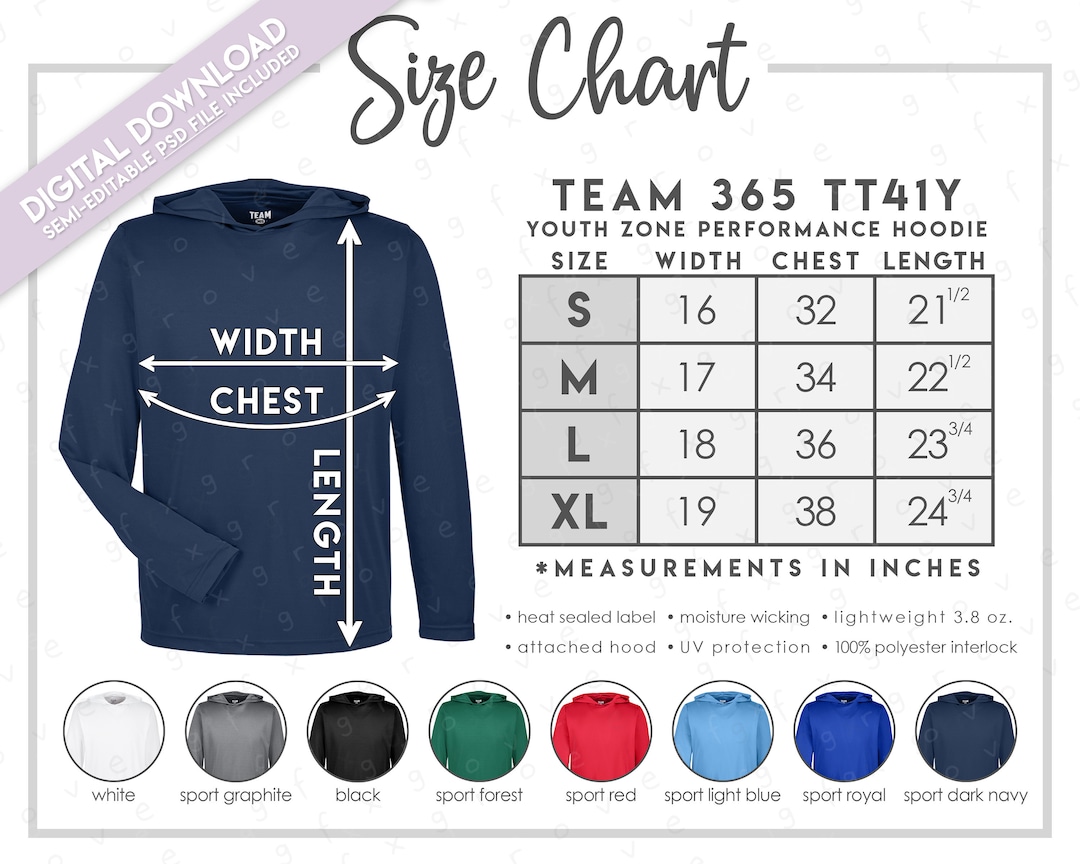 Semi-editable Team 365 TT41Y Size + Color Chart • Team 365 Youth Zone ...