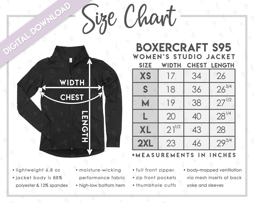 Boxercraft S95 Size Chart • Boxercraft Women's Studio Jacket Size Chart ...