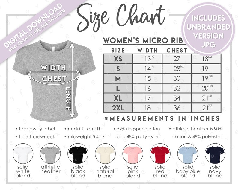 Semi-editable Bella + Canvas 1010 Size + Color Chart • Bella Canvas ...