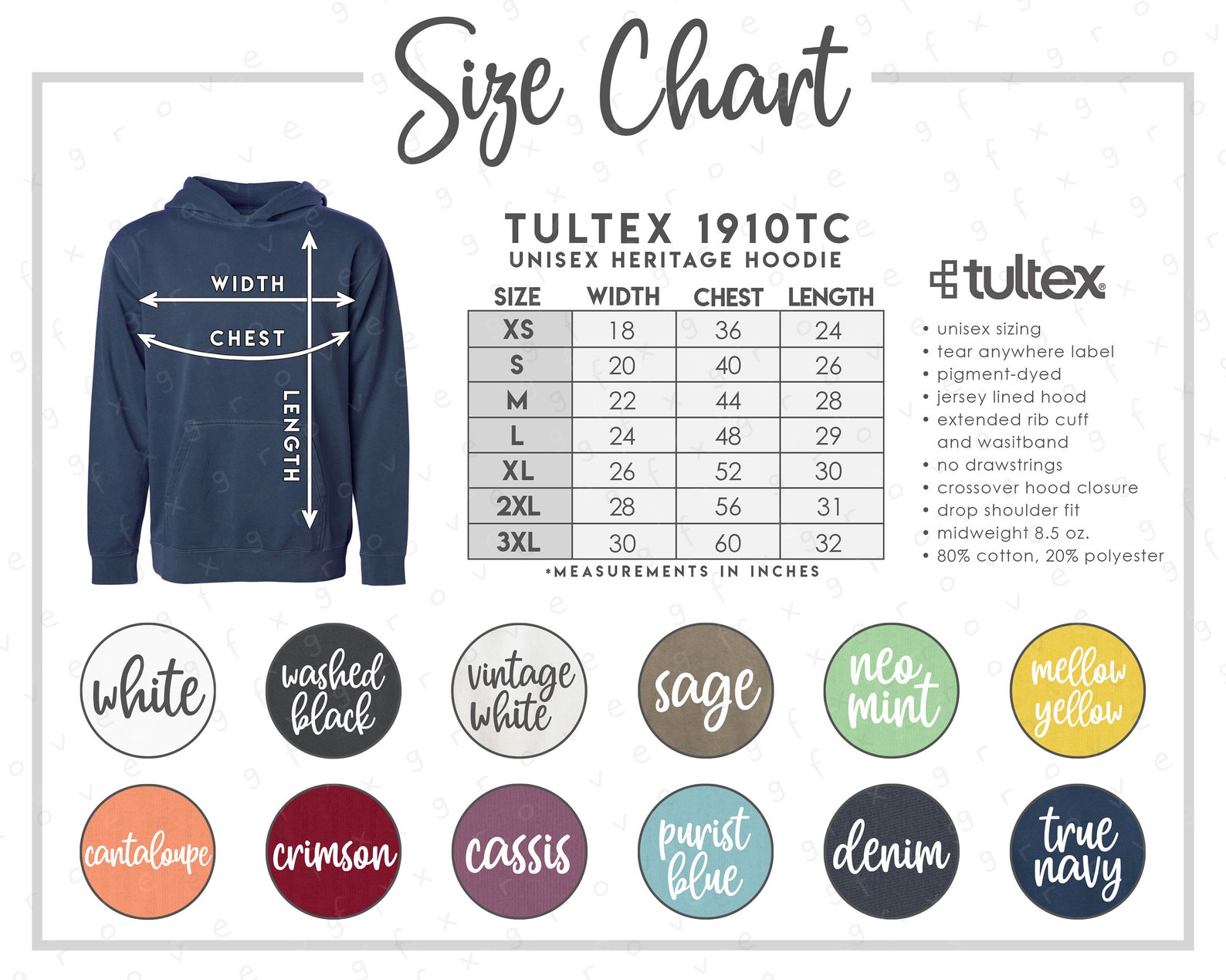 Tultex 1910TC Size Color Chart 12 COLORS Tultex Unisex | Etsy