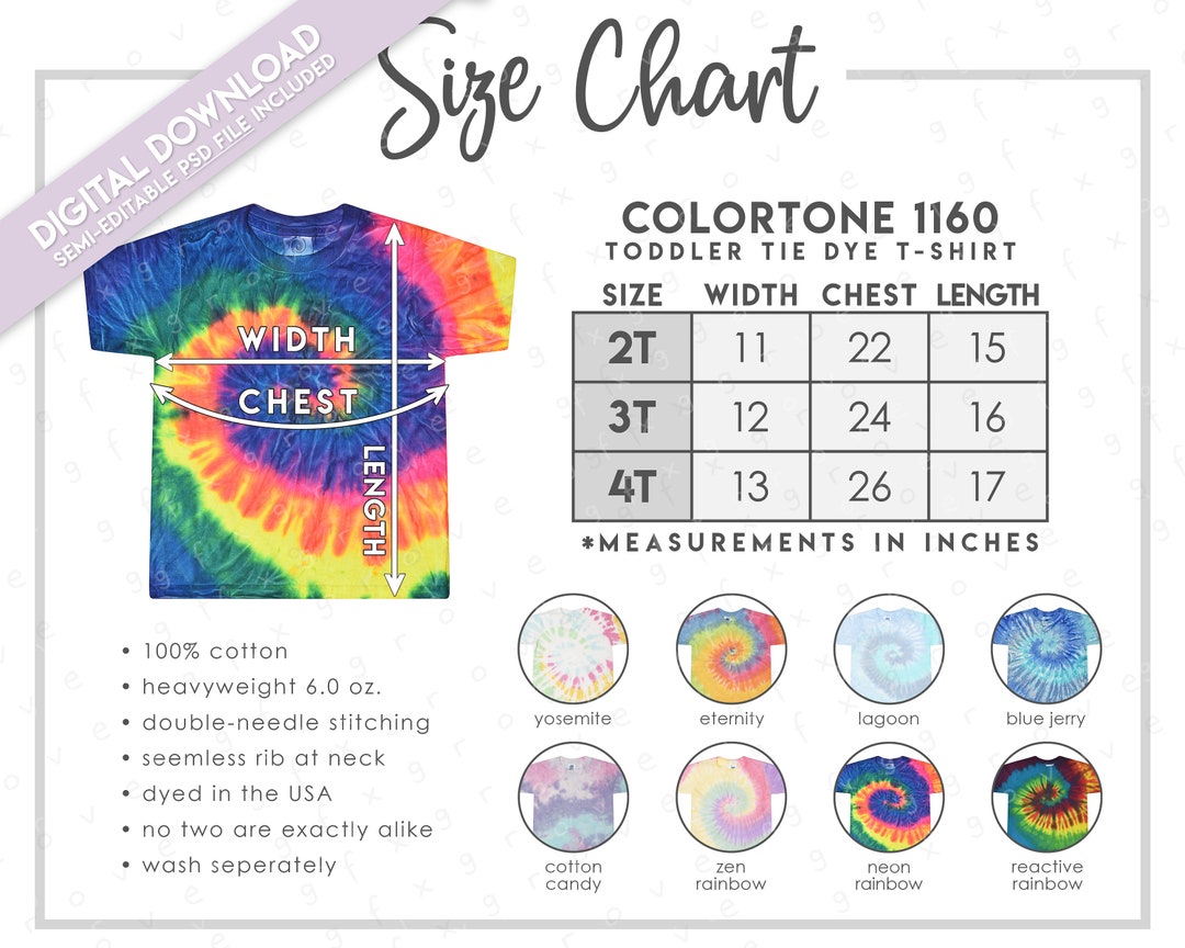 Semi-editable Colortone 1160 Size Color Chart Toddler Unisex Tie-dye T ...