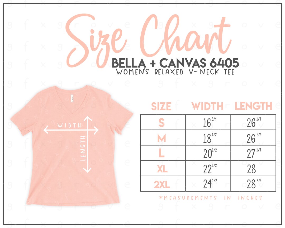 Bella + Canvas 6405 Size Chart - Bella Canvas V-neck Size Chart - Bella ...