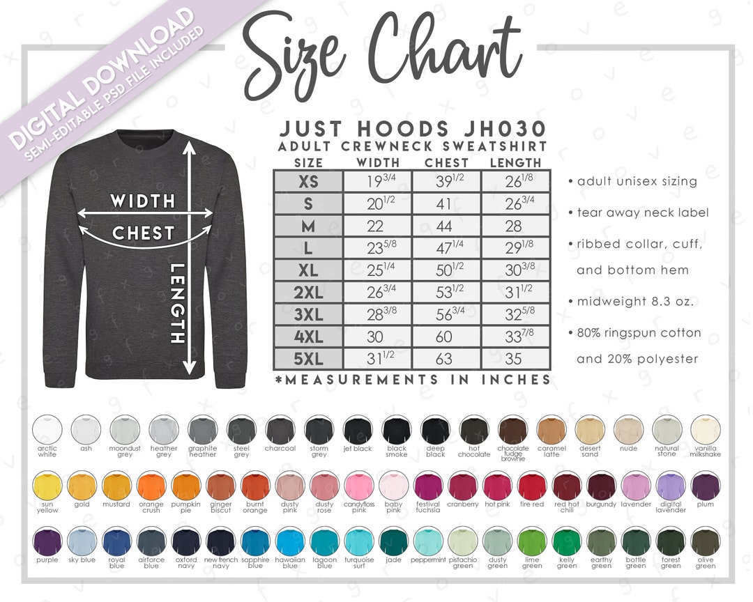 Semi-editable Just Hoods by Awdis JH030 Size Color Chart Just Hoods ...