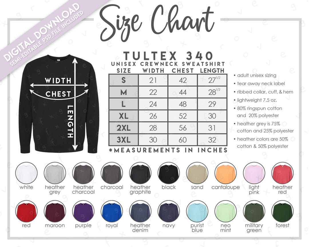 Semi-editable Tultex 340 Size + Color Chart • Tultex Unisex Fleece ...