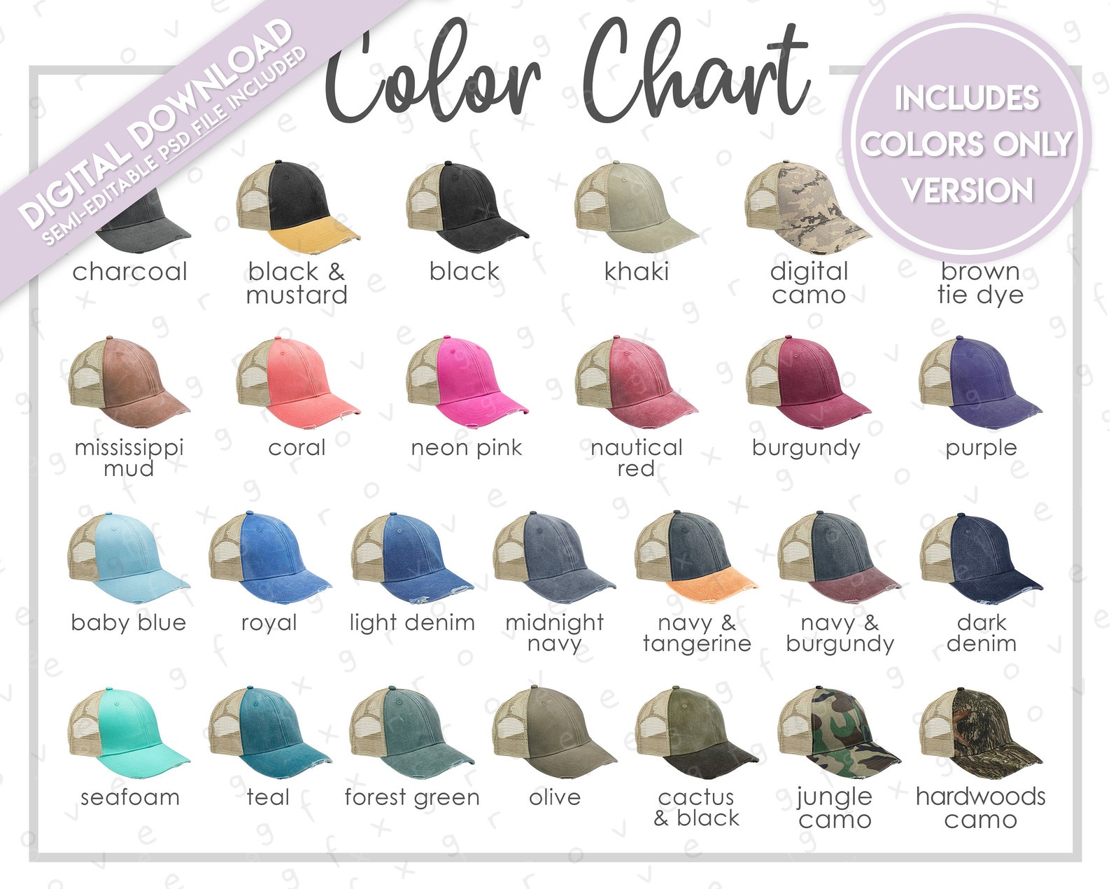 Semi-editable Adams OL102 Color Chart • Distressed Ollie Cap Color ...