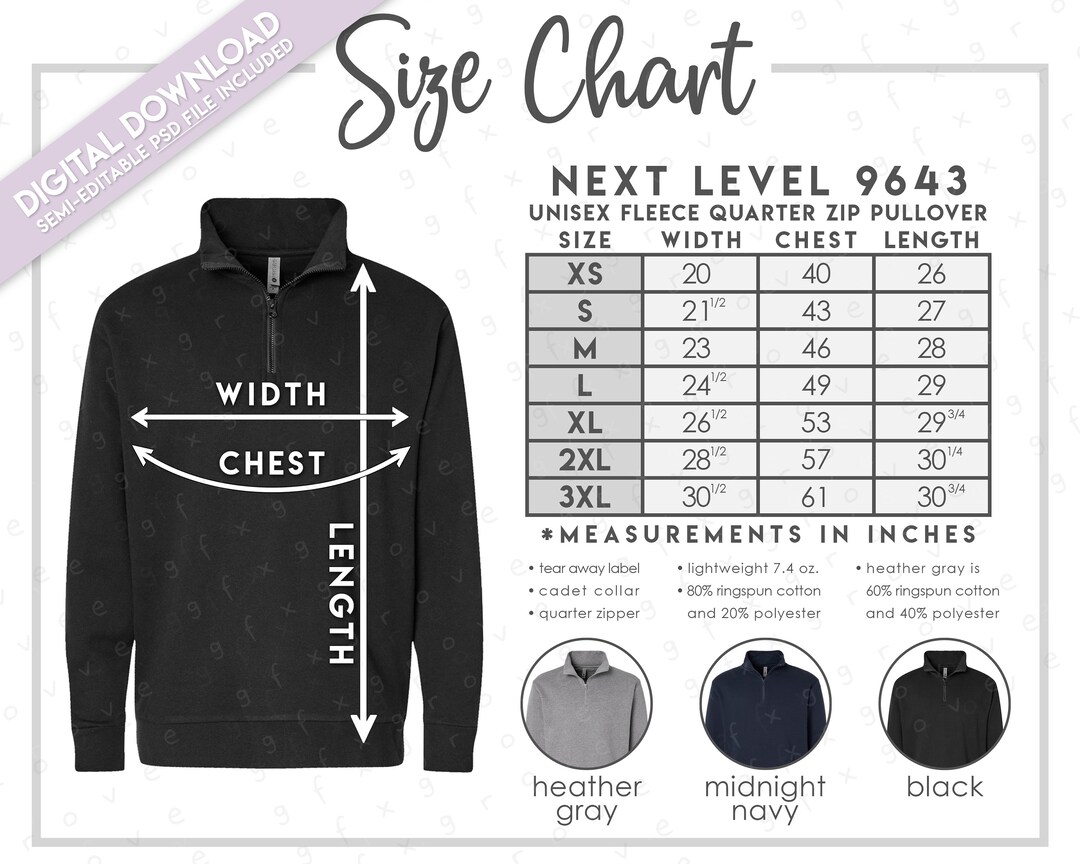 Semi-editable Next Level 9643 Size + Color Chart • Next Level Size ...