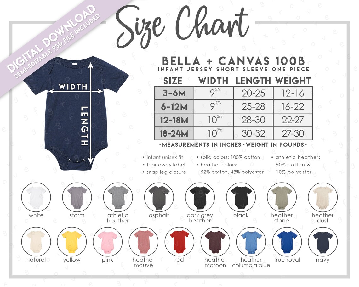 Semi-editable Bella + Canvas 100B Size + Color Chart • Bella Canvas ...