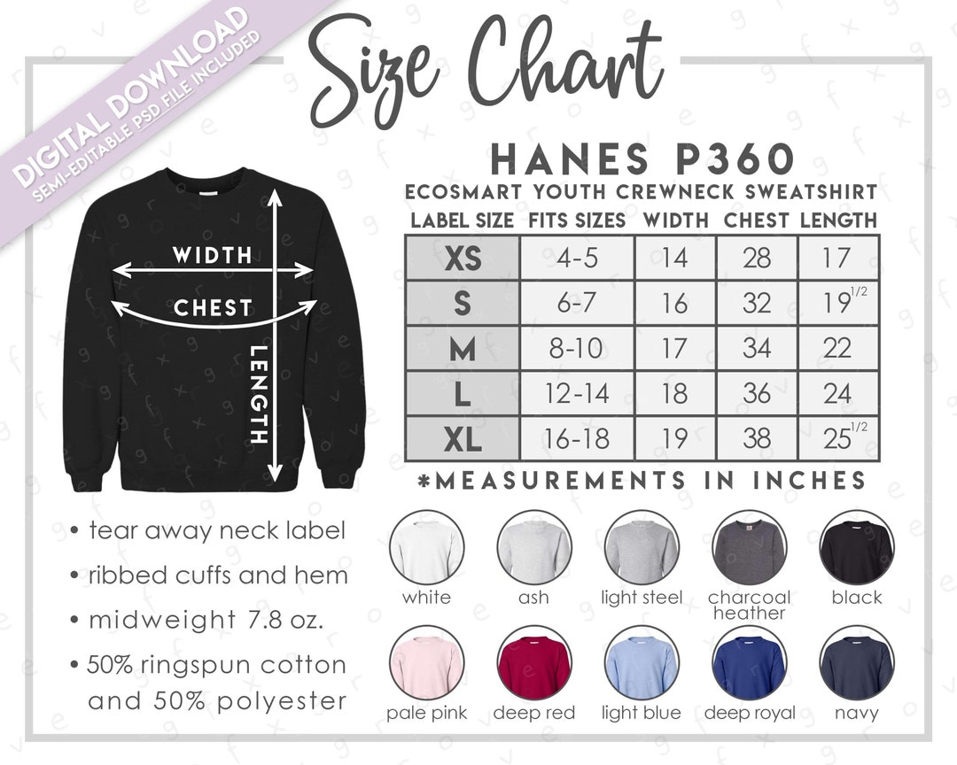Semi-editable Hanes P360 Size Chart Color Chart Hanes Ecosmart Youth ...