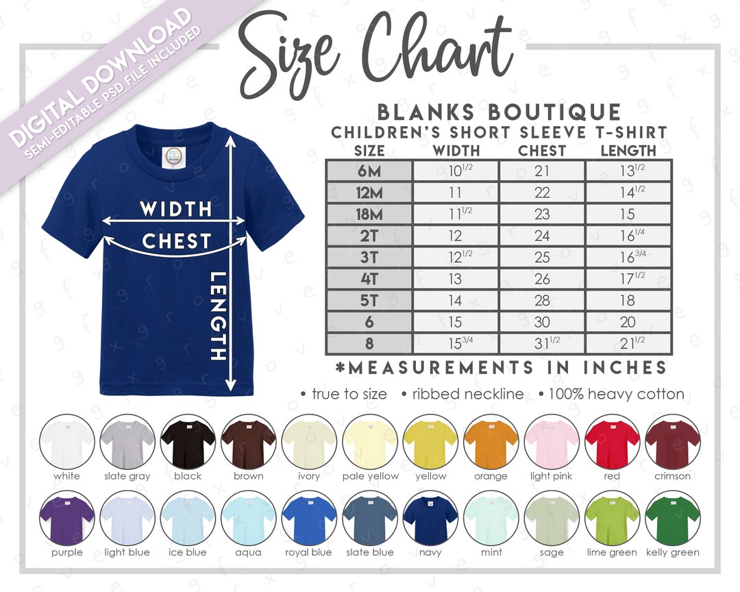 Semi-editable Blanks Boutique Short Sleeve T-shirt Size + Color Chart ...
