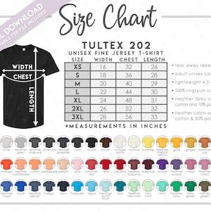 Semi-editable Tultex 202 Size + Color Chart • Tultex Unisex Fine Jersey ...