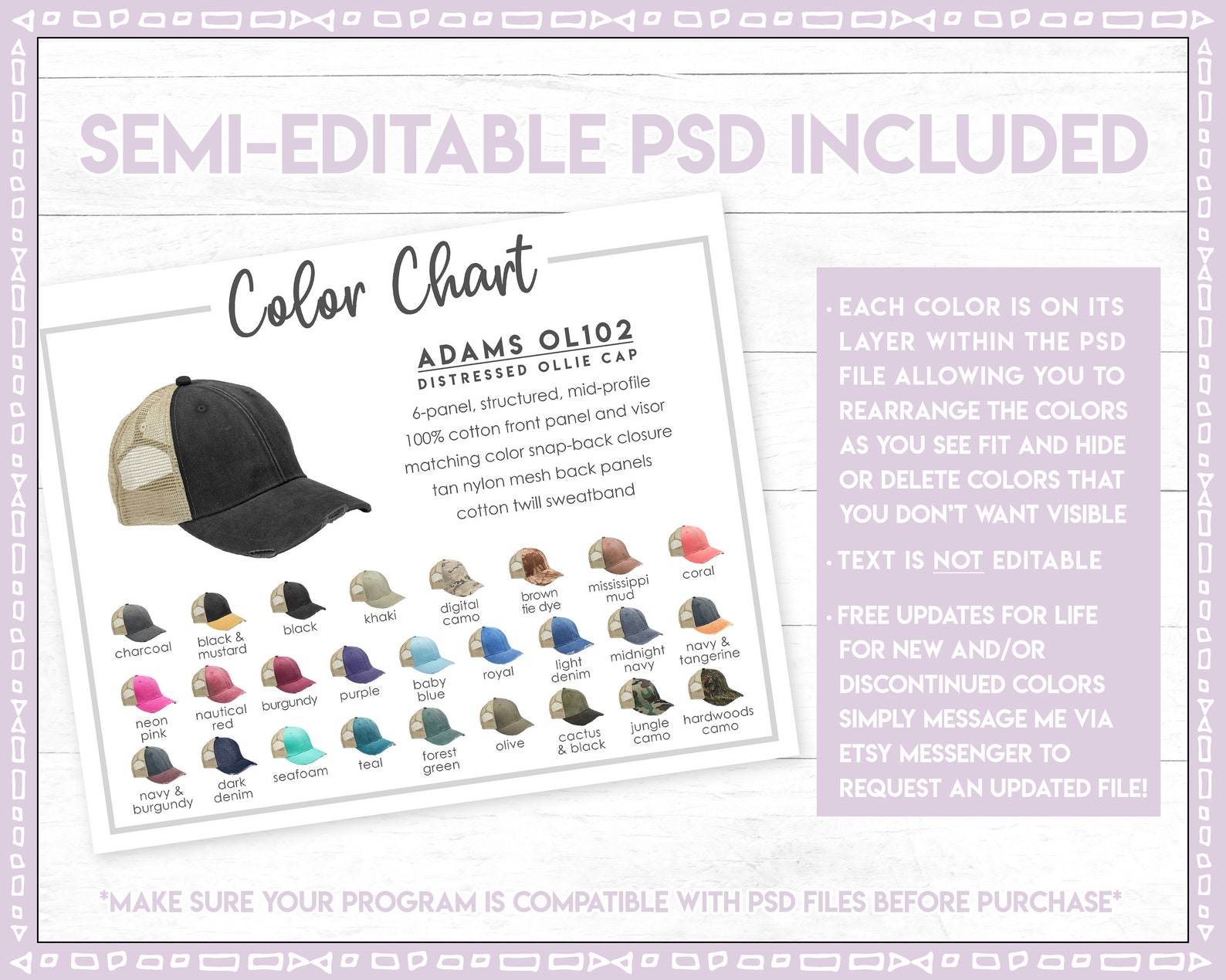 Semi-editable Adams OL102 Color Chart • Distressed Ollie Cap Color ...
