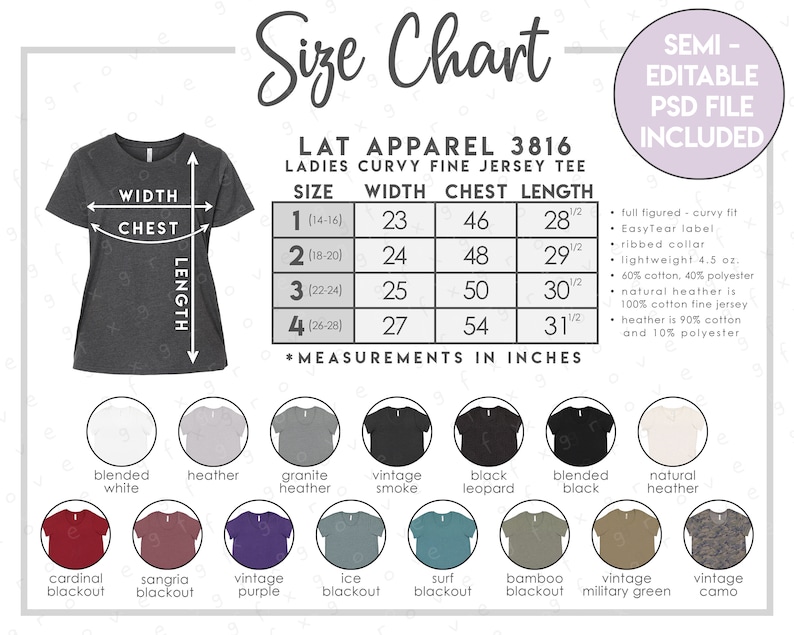 Semi-editable LAT Apparel 3816 Size Color Chart LAT - Etsy