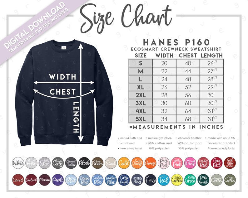 Semi-editable Hanes P160 Size Chart Color Chart Ecosmart - Etsy