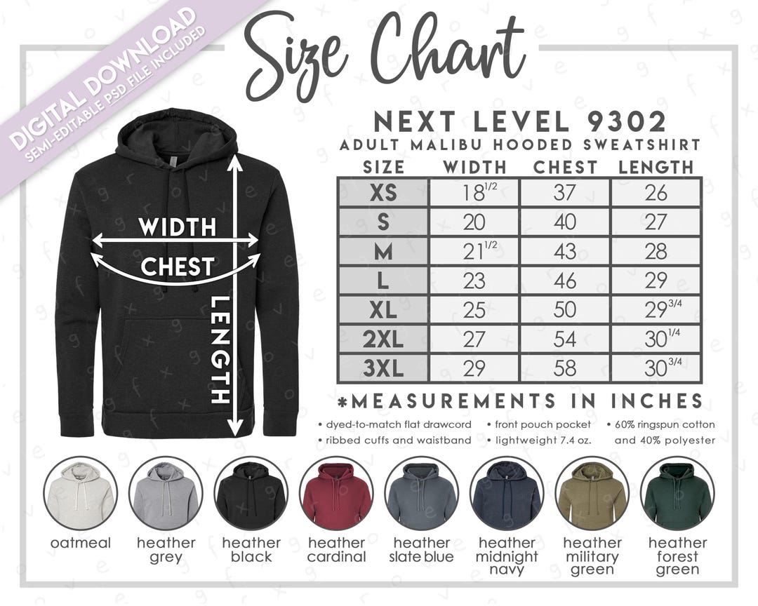 Semi-editable Next Level 9302 Size + Color Chart • Next Level Malibu ...