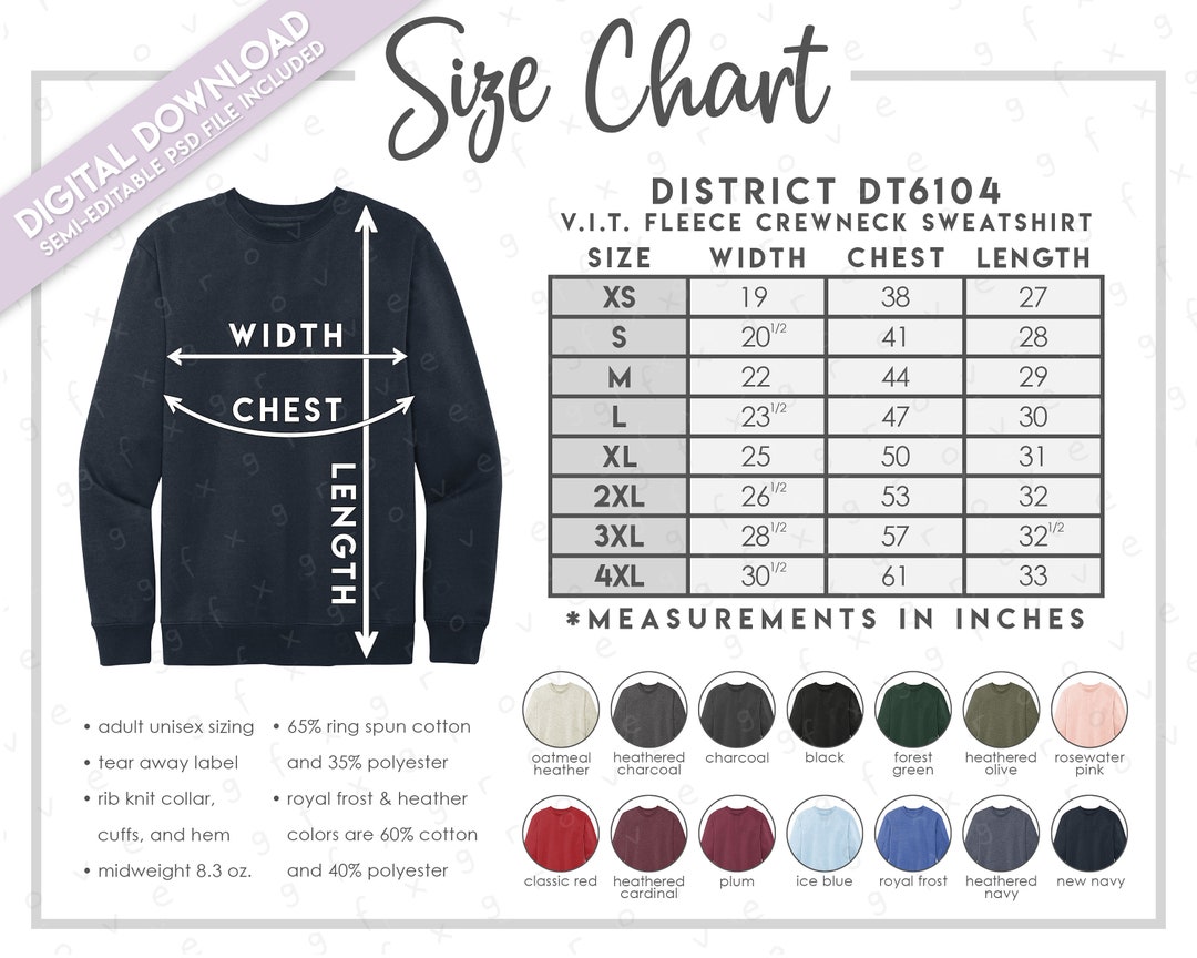 Semi-editable District DT6104 Size + Color Chart • District Unisex VIT ...