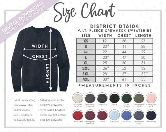 Semi-editable District DT6104 Size Color Chart District - Etsy