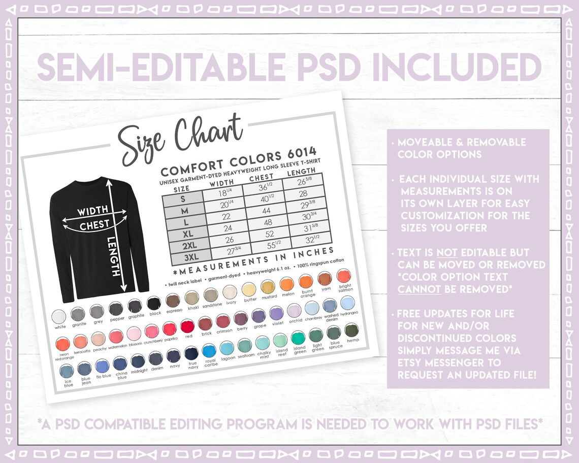 Semi-editable Comfort Colors 6014 Size + Color Chart • Comfort Colors ...