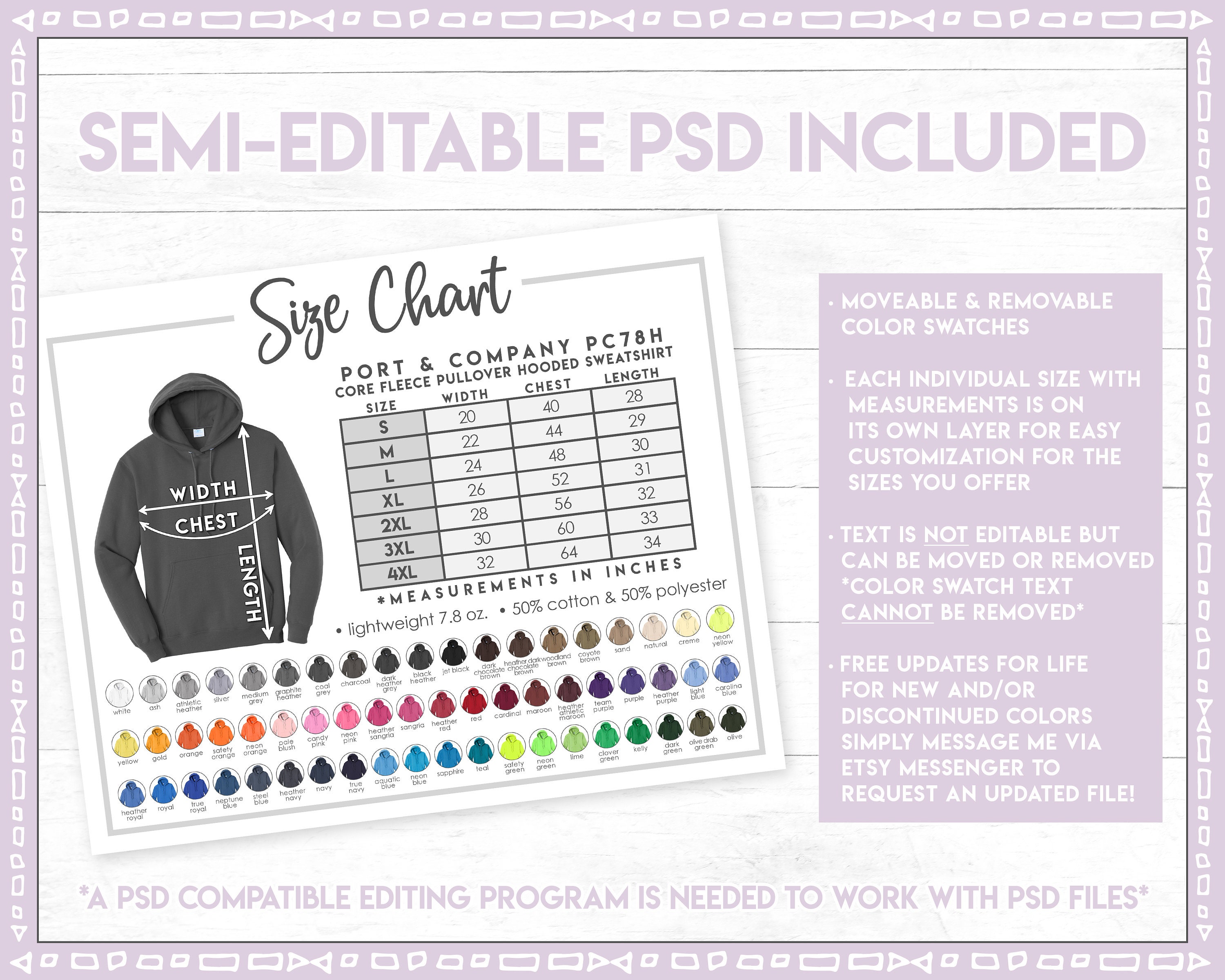 Semi-editable Port & Company PC78H Size + Color Chart • Core Fleece ...