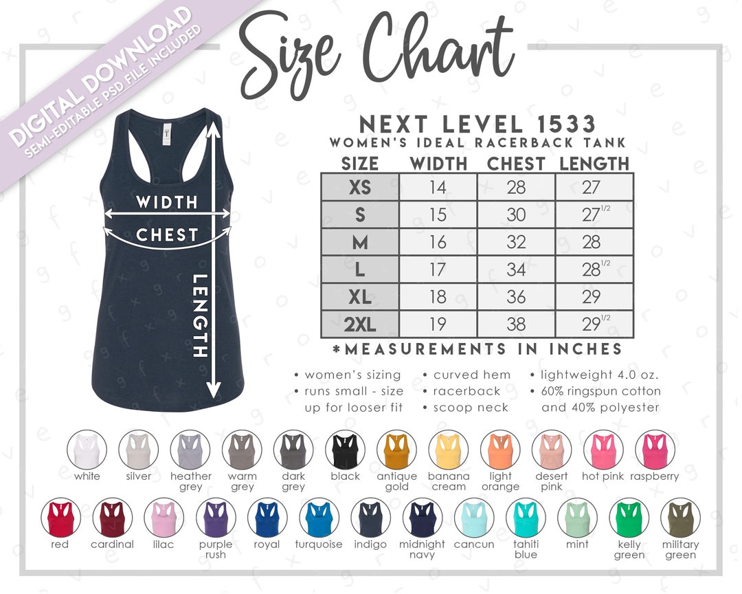 Semi-editable Next Level 1533 Size + Color Chart • Next Level Ideal ...