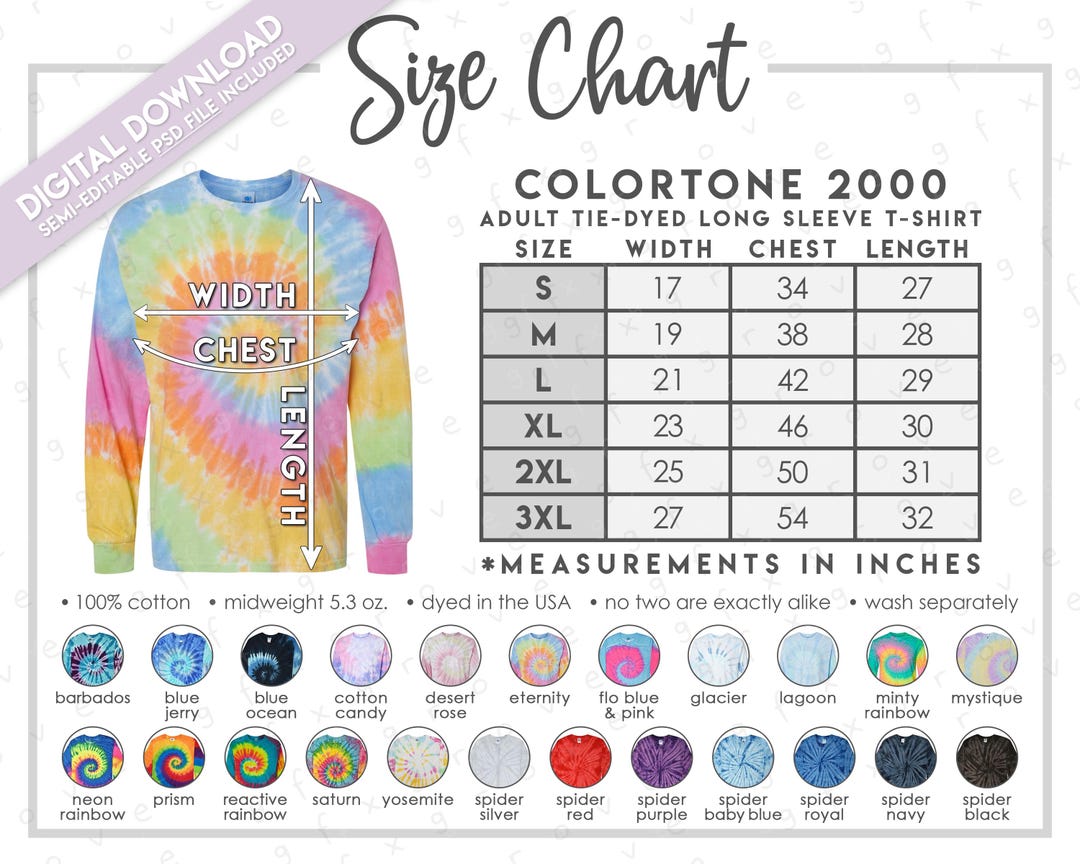 Semi-editable Colortone 2000 Size + Color Chart • Adult Unisex Tie-dye ...