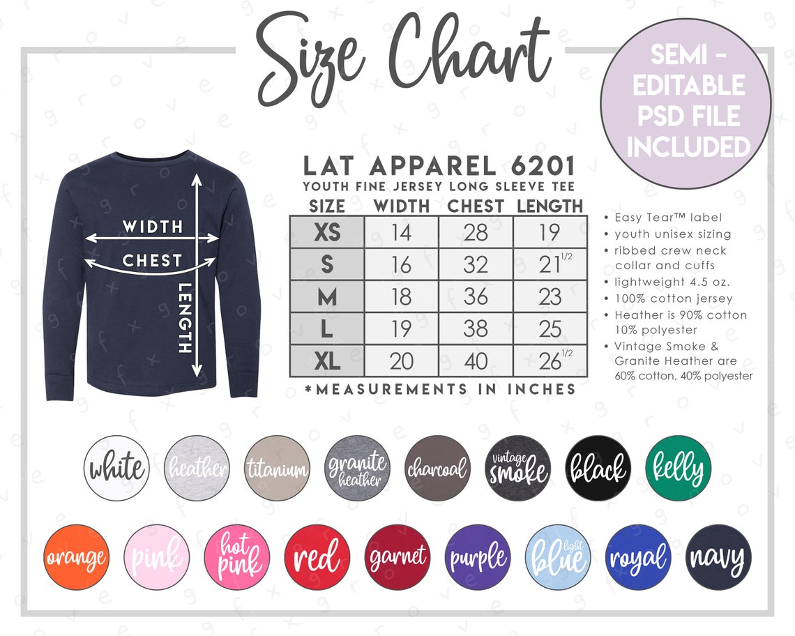 Semi-editable LAT Apparel 6201 Size Color Chart LAT | Etsy