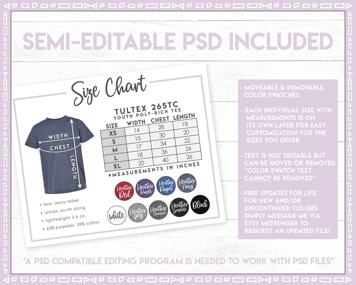 Semi-editable Tultex 265TC Size + Color Chart • Tultex Youth Poly-rich ...