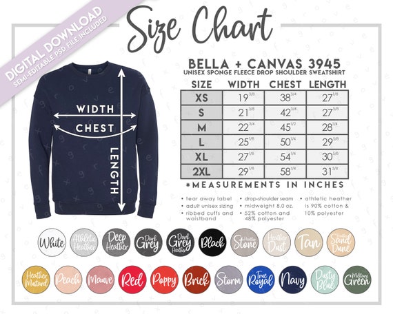 Semi-editable Bella Canvas 3945 Size Color Chart Bella | Etsy