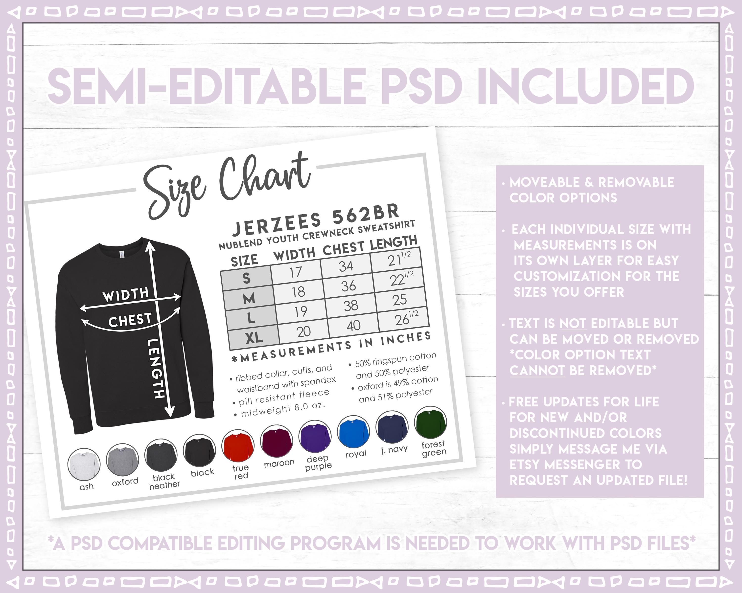 Semi-editable Jerzees 562BR Size + Color Chart • Jerzees Youth Nublend ...
