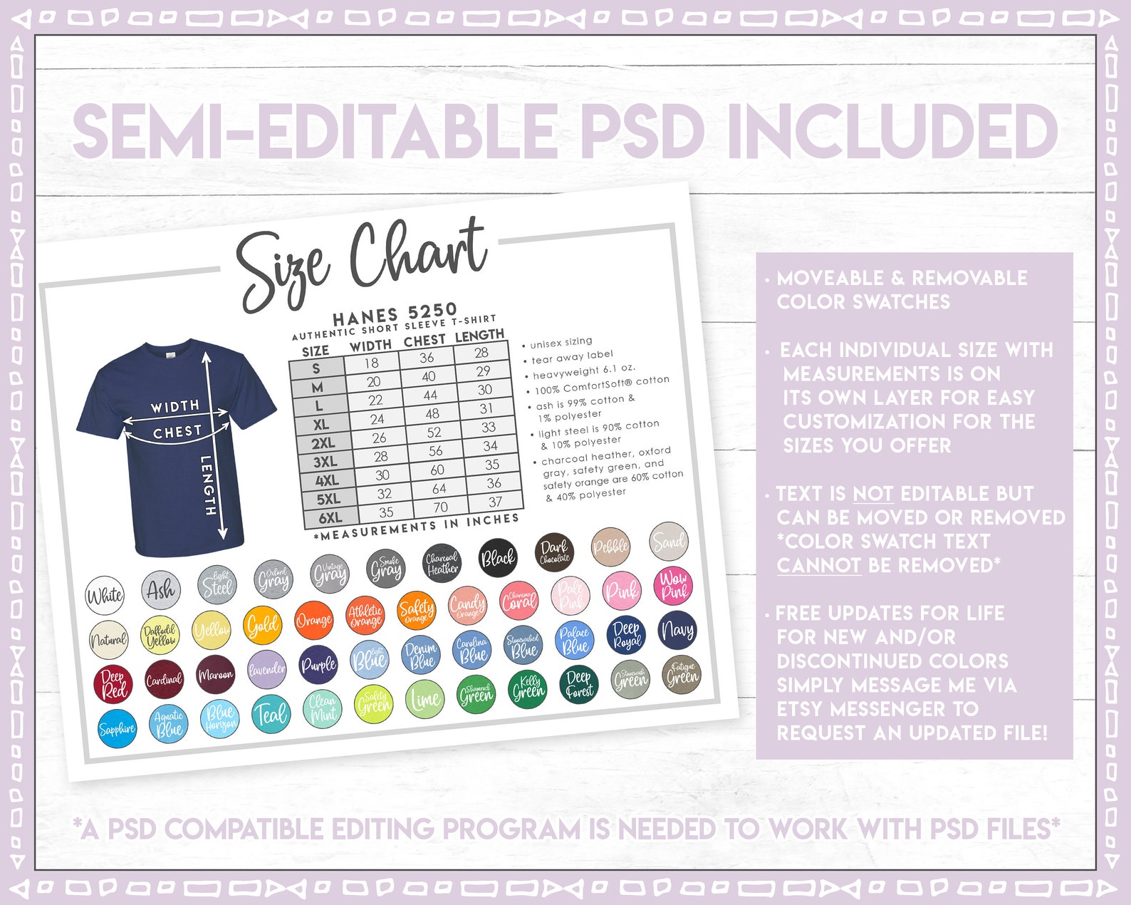 Semi-editable Hanes 5250 Size Chart Color Chart - Etsy Semi-editable Hanes 5250 Size Chart Color Chart - Etsy