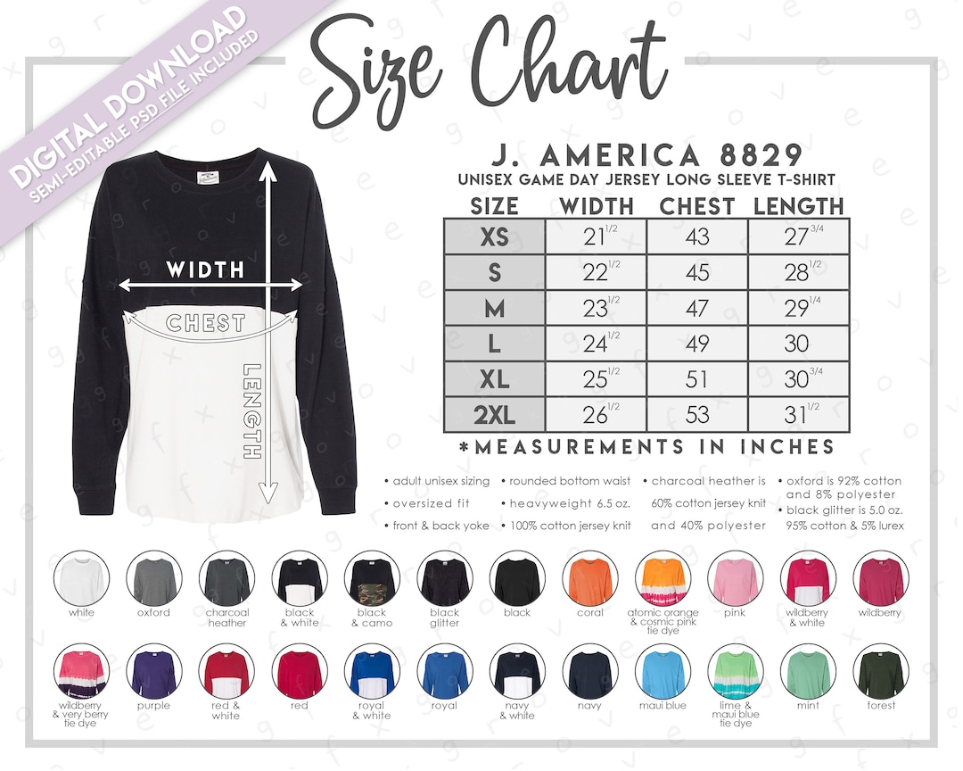 Semi-editable J. America 8829 Size Chart + Color Chart • Unisex Game ...