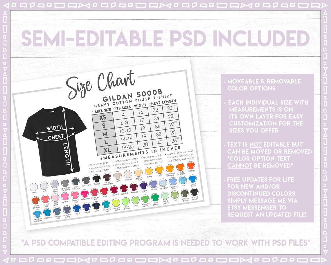 Semi Editable G500B Size Chart + Color Chart • Heavy Cotton Youth T ...
