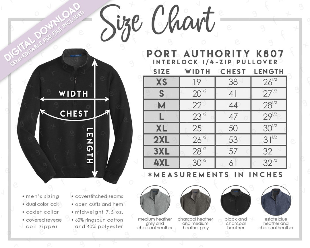 Semi-editable Port Authority K807 Size + Color Chart • Port Authority Interlock 1/4 Zip Pullover ...