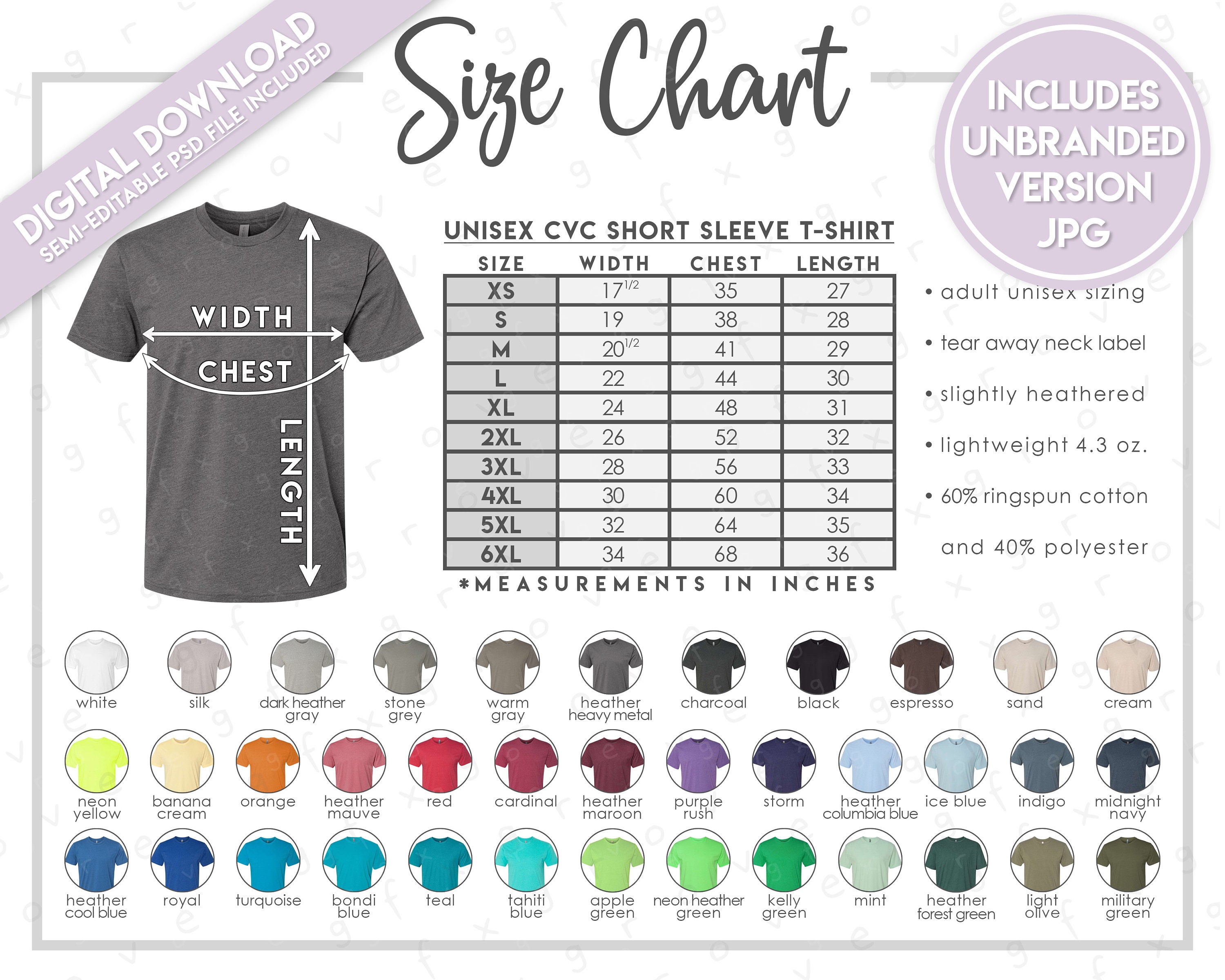 Semi-editable Next Level 6210 Size + Color Chart • Next Level CVC T ...