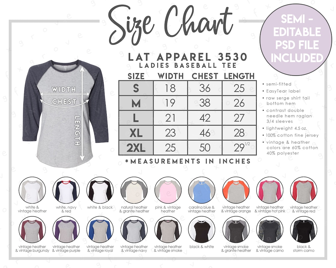 Semi-editable LAT Apparel 3530 Size + Color Chart • LAT Apparel Ladies ...