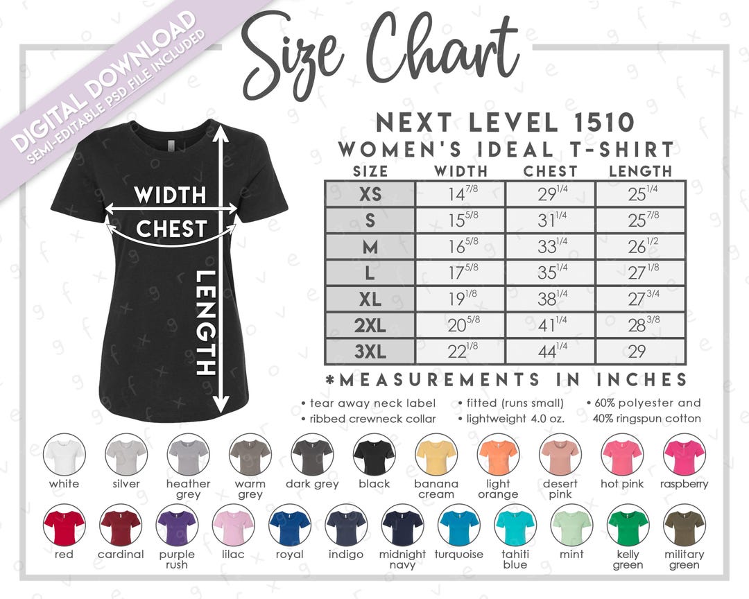 Semi-editable Next Level 1510 Size + Color Chart • Next Level Women's ...