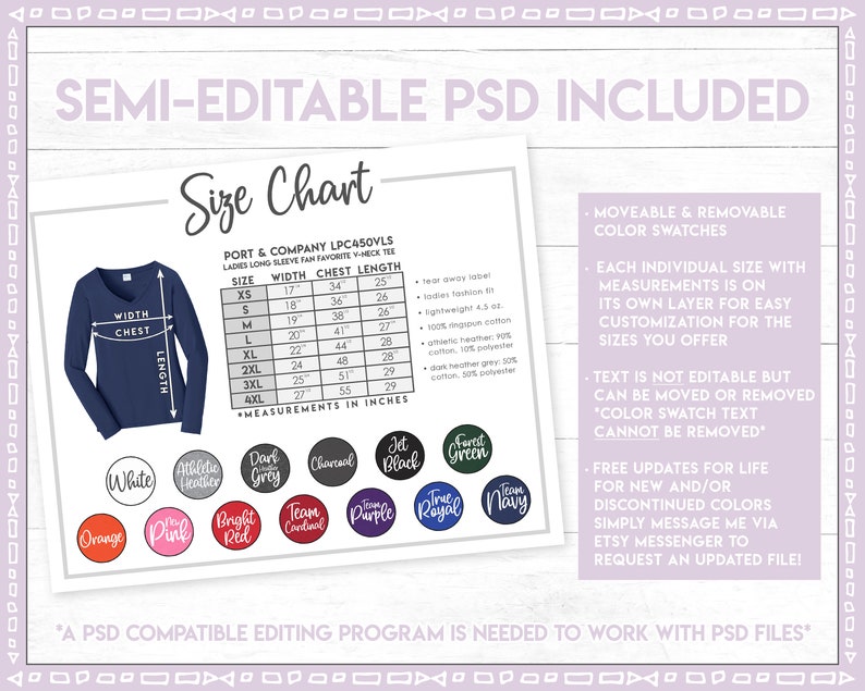 Semi-editable Port & Company LPC450VLS Size + Color Chart • Ladies Long ...