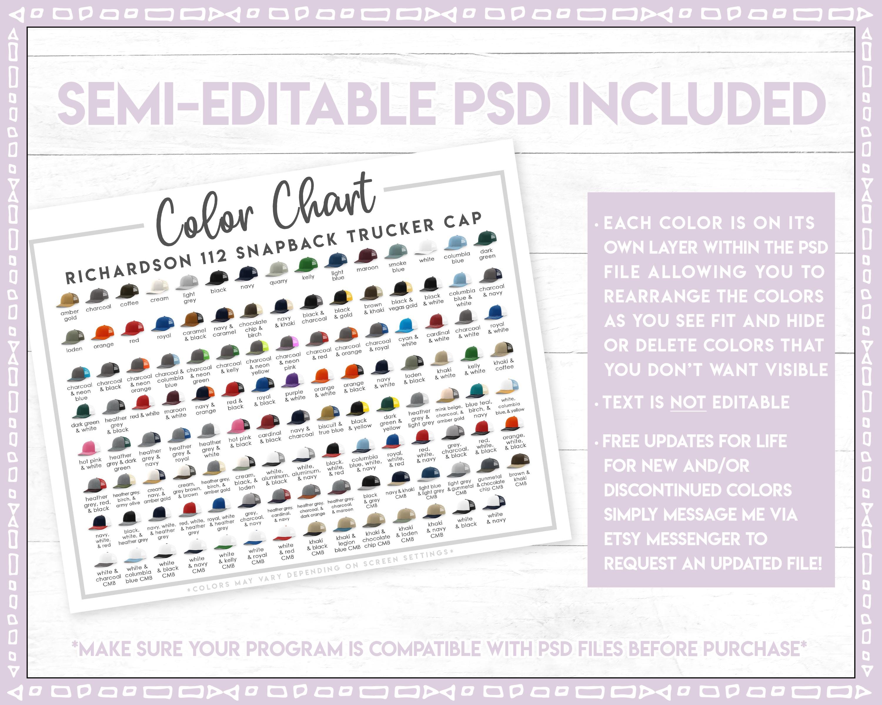 Semi-editable Richardson 112 Color Chart • Richardson Snapback Trucker ...