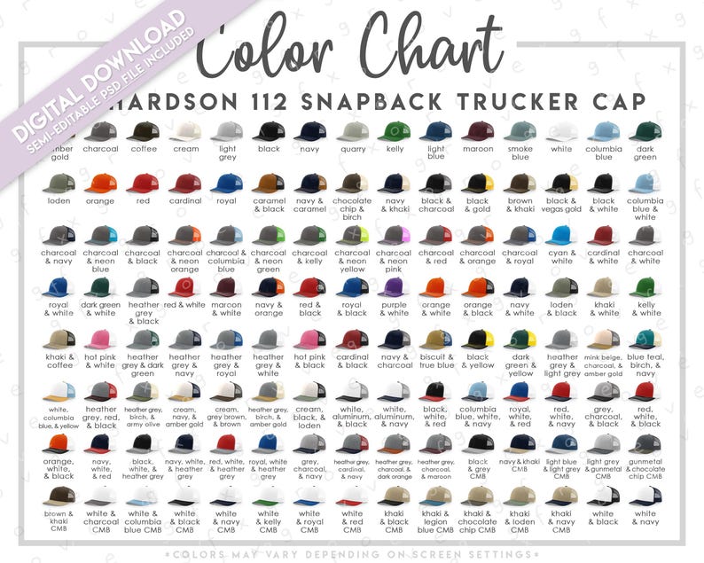 Semi-editable Richardson 112 Color Chart • Richardson Snapback Trucker ...