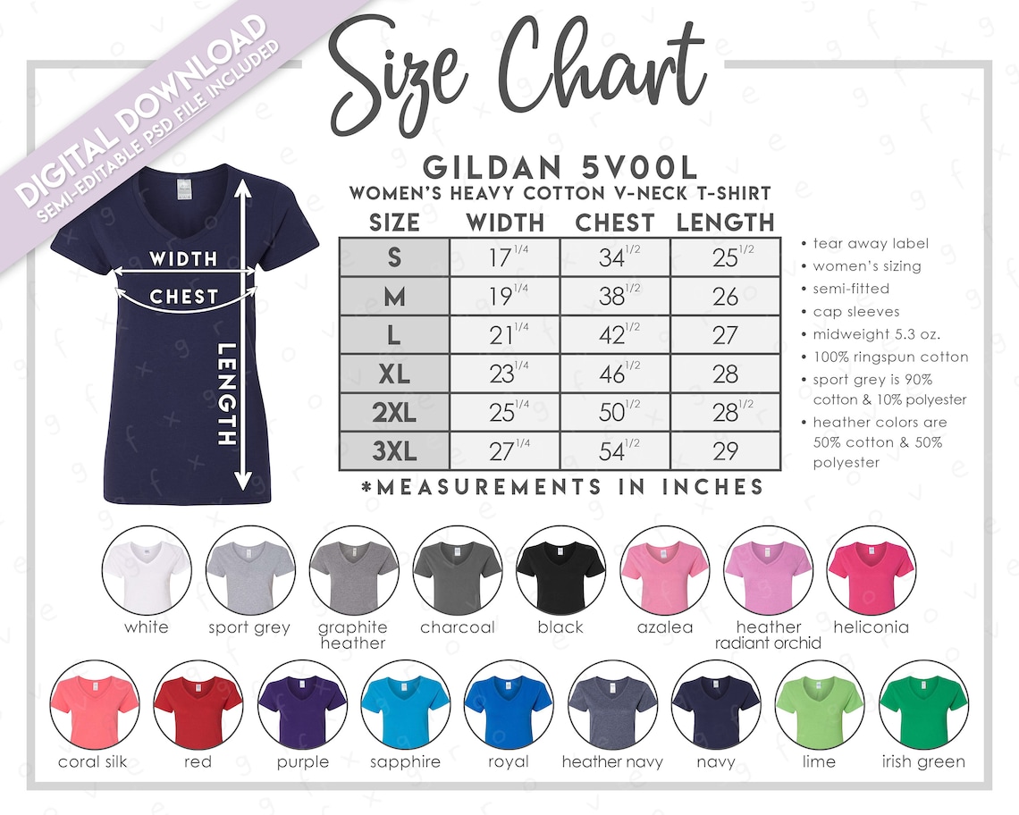 Semi-editable Gildan 5V00L Size Chart + Color Chart • Ladies V-neck T ...