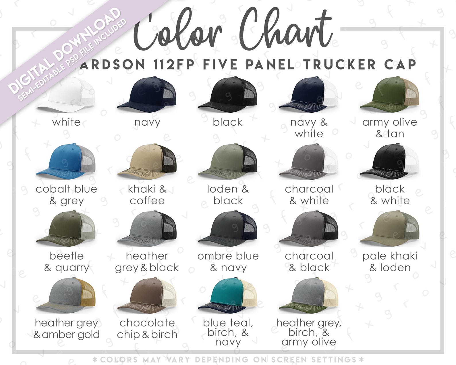 Semi-editable Richardson 112FP Color Chart • Richardson Five Panel ...