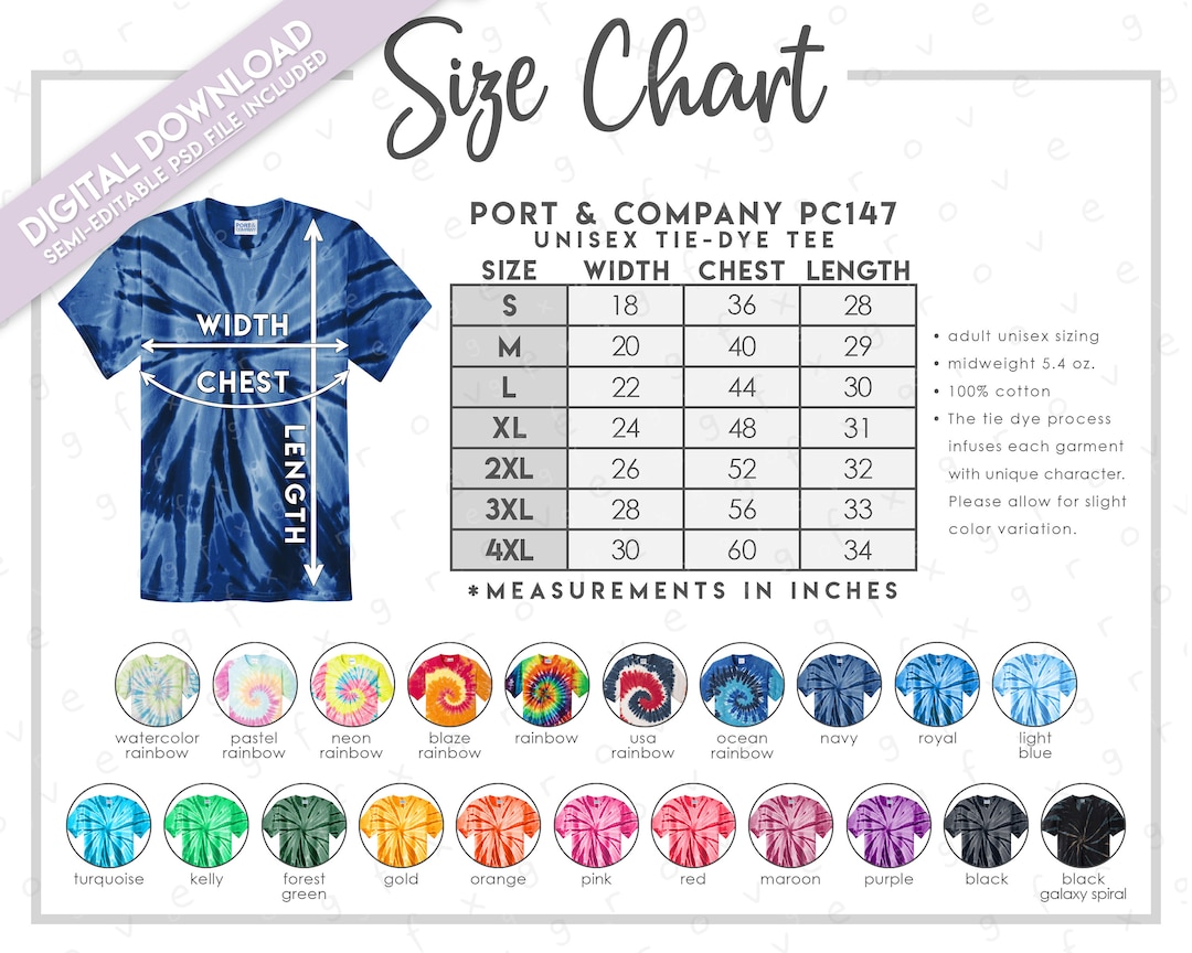 Semi-editable Port & Company PC147 Size + Color Chart • Adult Unisex ...