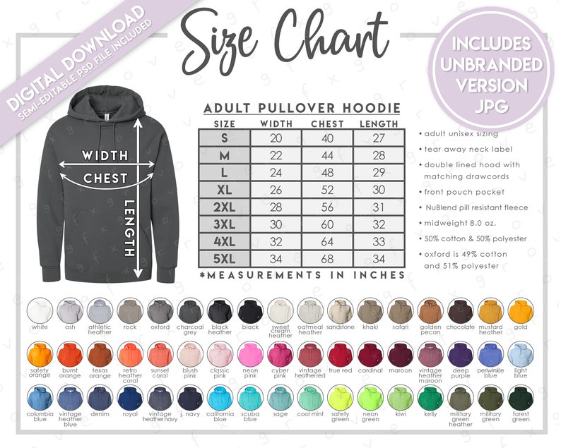 Semi-editable Jerzees 996MR Size + Color Chart • Jerzees Nublend Hoodie ...
