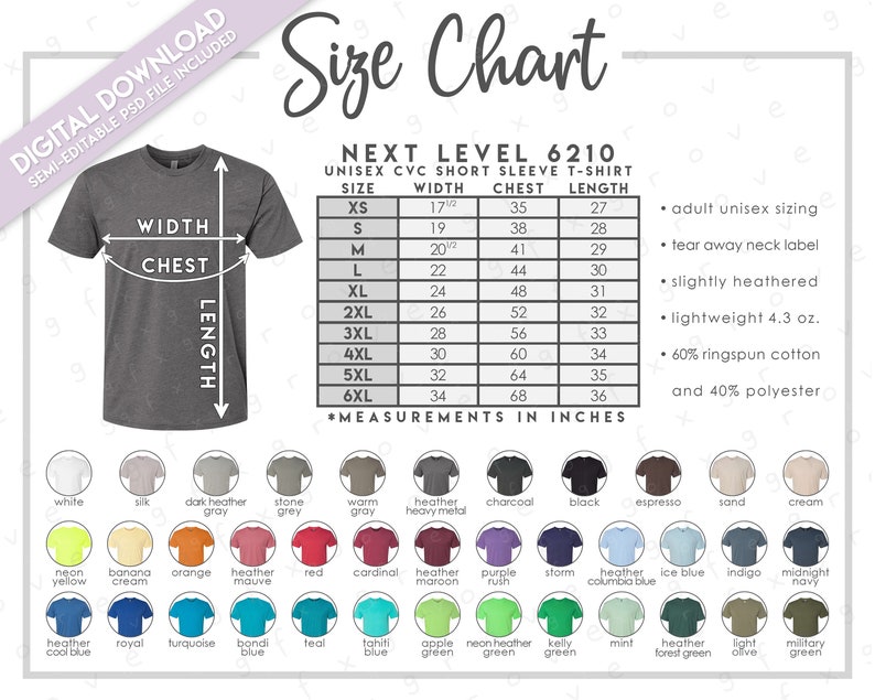 Semi-editable Next Level 6210 Size + Color Chart • Next Level CVC T ...