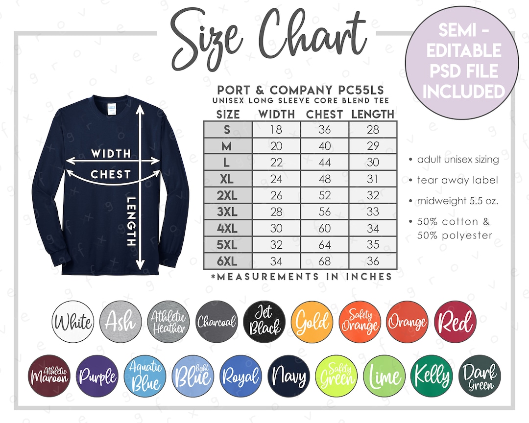 Semi-editable Port & Company PC55LS Size + Color Chart • Adult Unisex ...