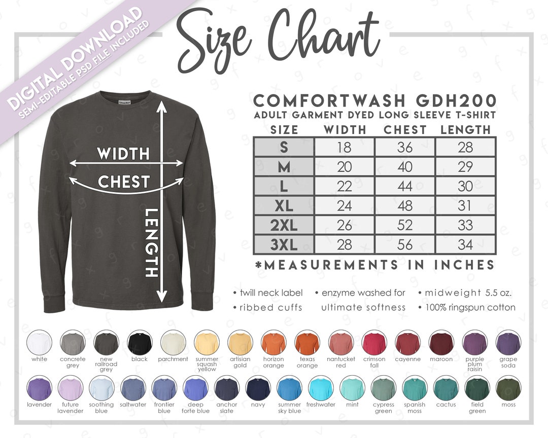 Semi-editable Comfortwash GDH200 Size + Color Chart • Hanes Comfortwash ...