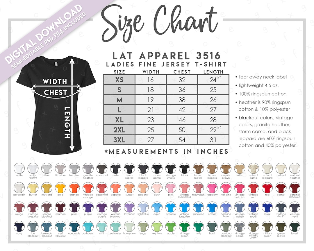 Semi-editable LAT Apparel 3516 Size + Color Chart • LAT Ladies Fine ...