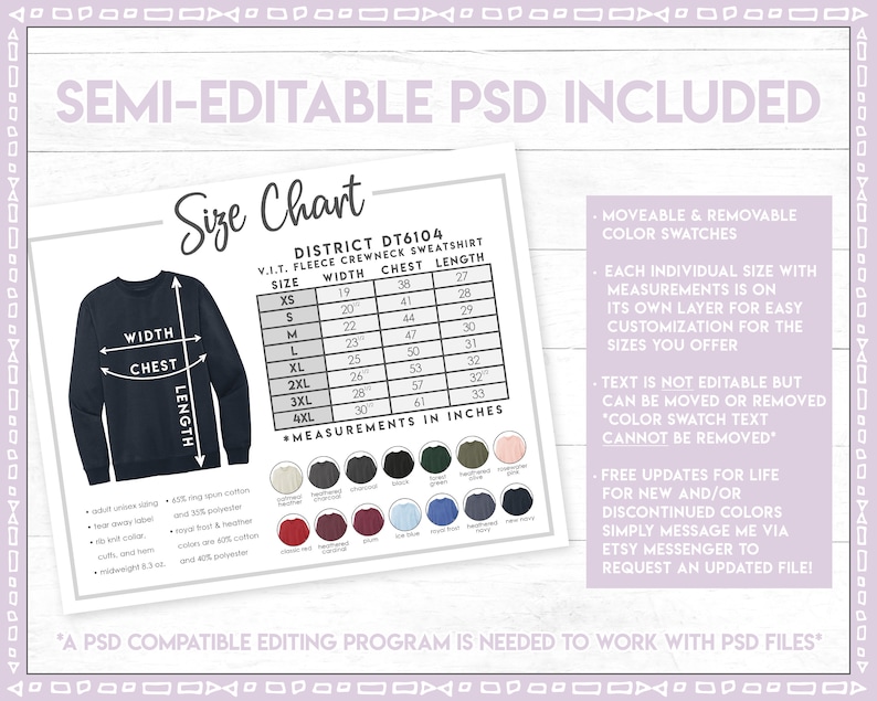 Semi-editable District DT6104 Size Color Chart District - Etsy