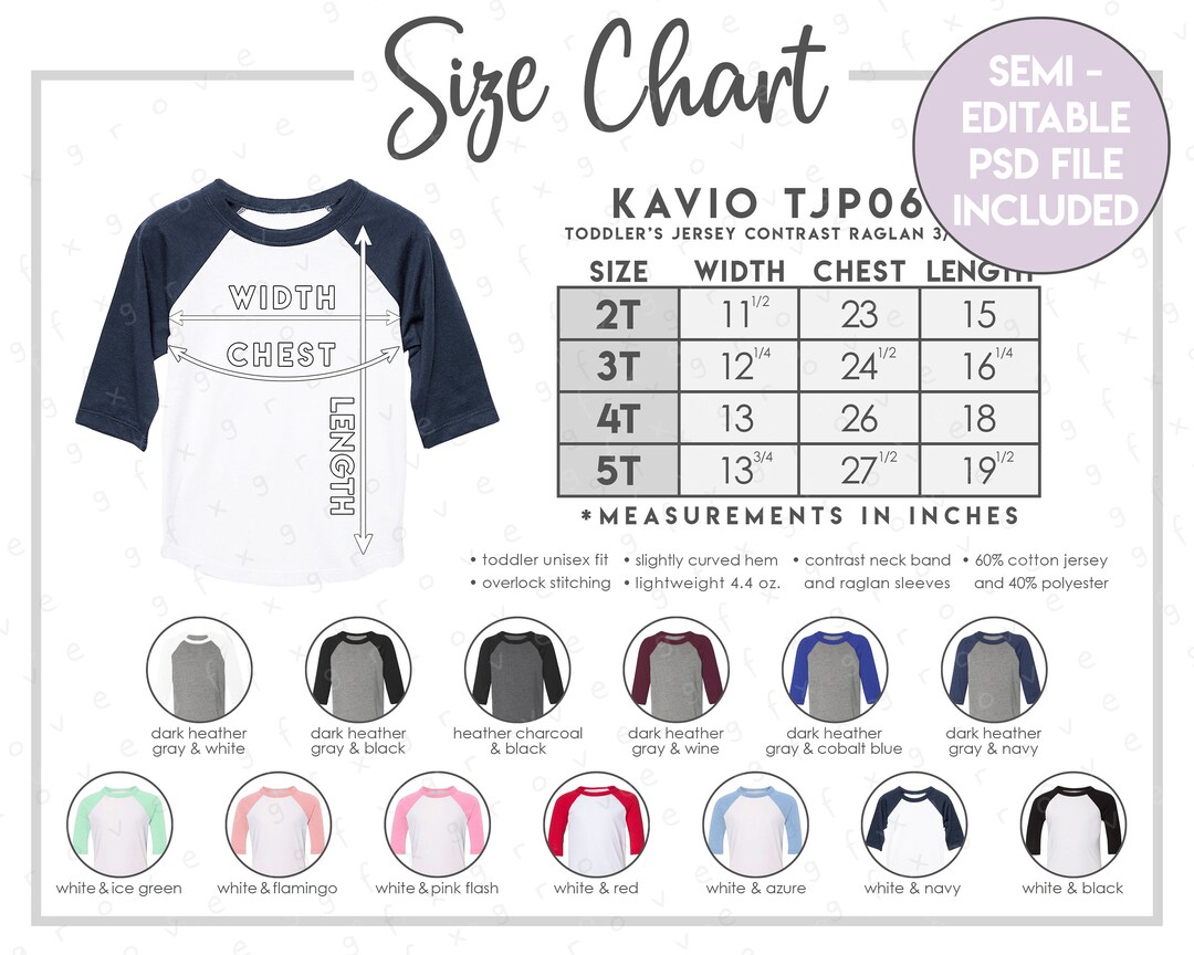 Semi-editable Kavio TJP0660 Size Color Chart Kavio Toddler Raglan 3/4 ...